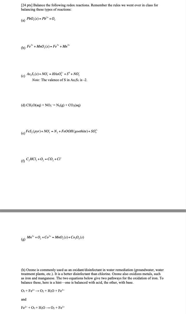 Solved [24 pts] Balance the following redox reactions. | Chegg.com