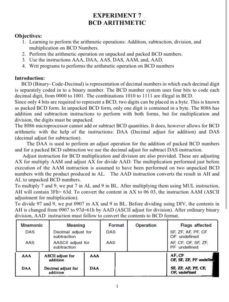Solved EXPERIMENT 7 BCD ARITHMETIC Objectives: 1. Learning | Chegg.com