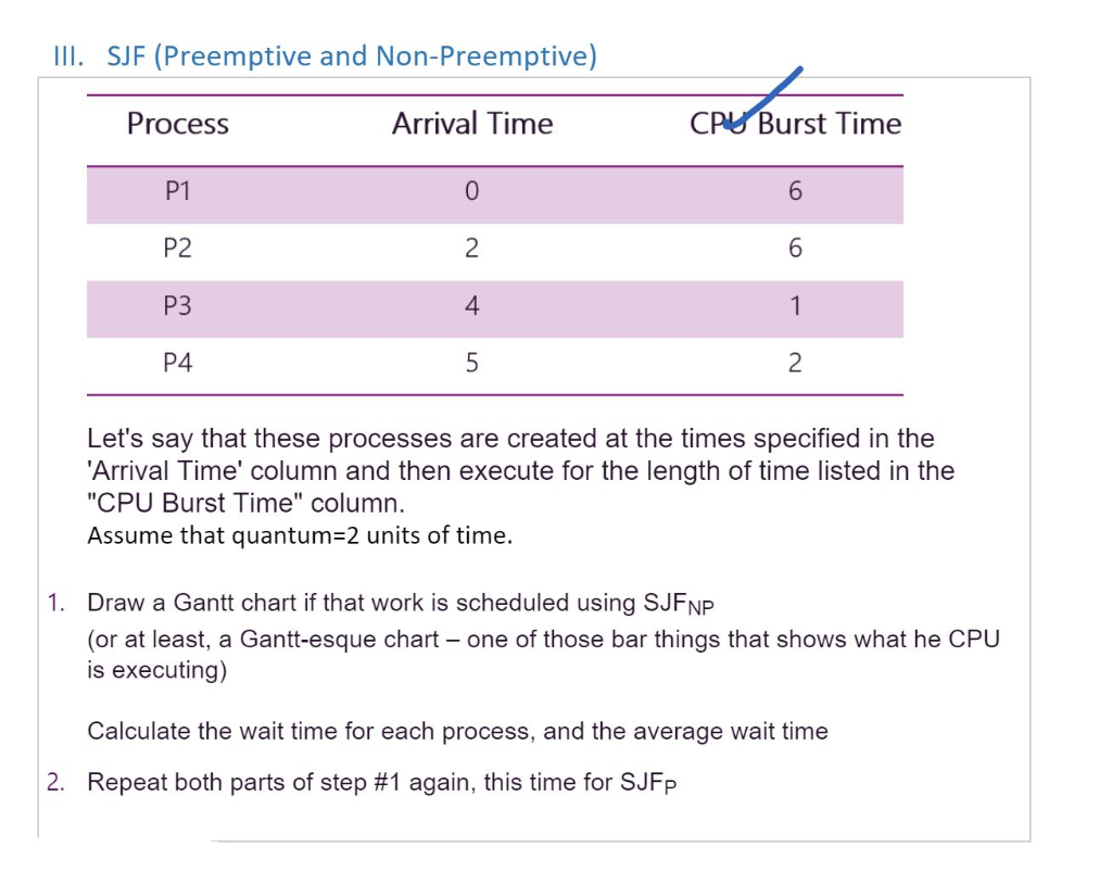 Solved III. SJF (Preemptive and Non-Preemptive) Process | Chegg.com