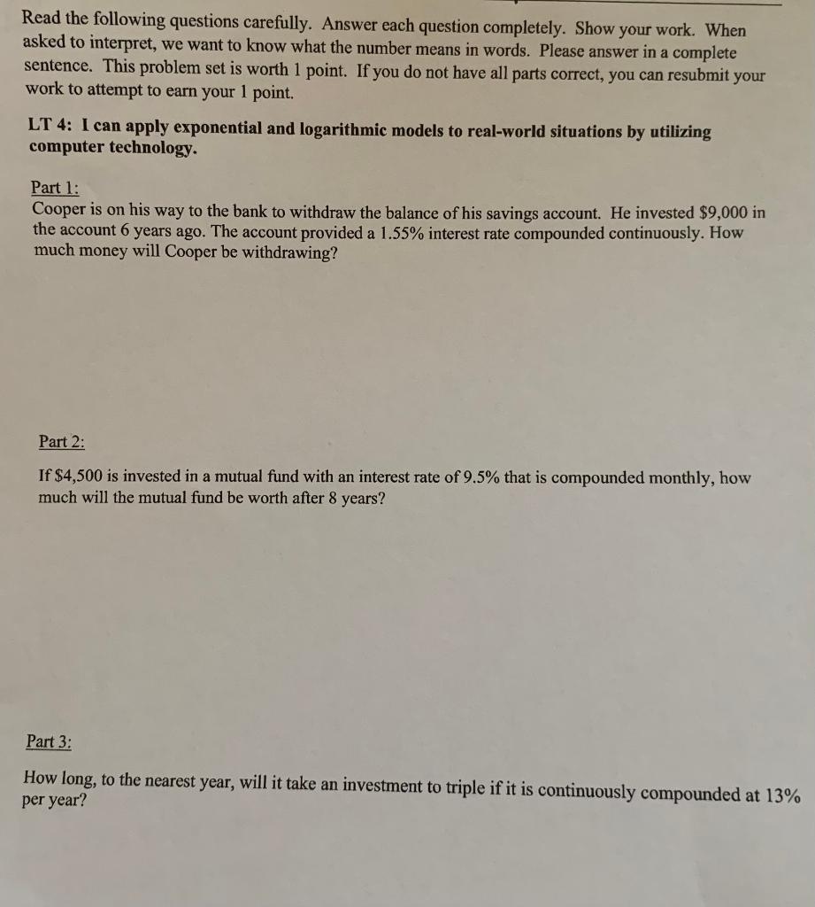 Solved Read the following questions carefully. Answer each | Chegg.com