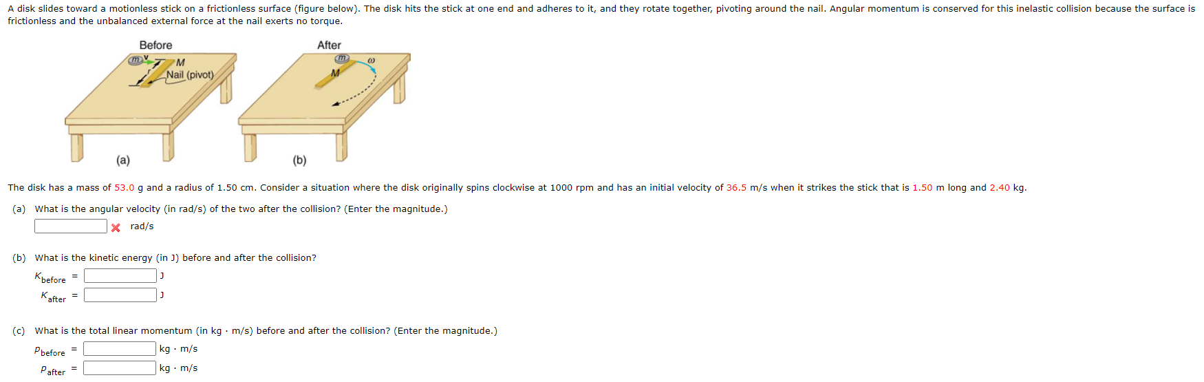 Solved A disk slides toward a motionless stick on a | Chegg.com