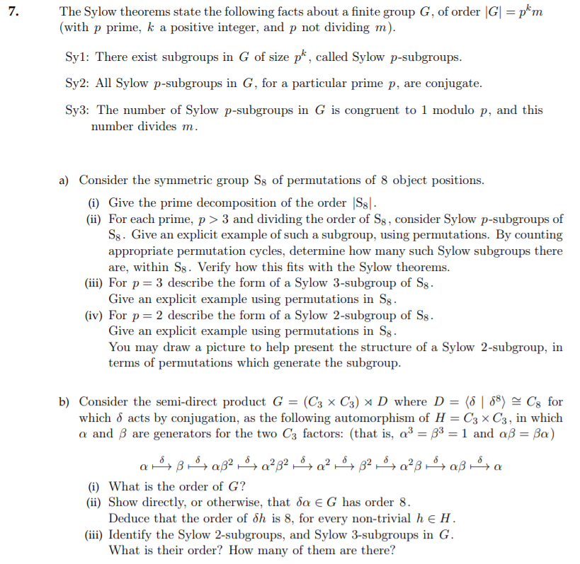 7. The Sylow theorems state the following facts about | Chegg.com