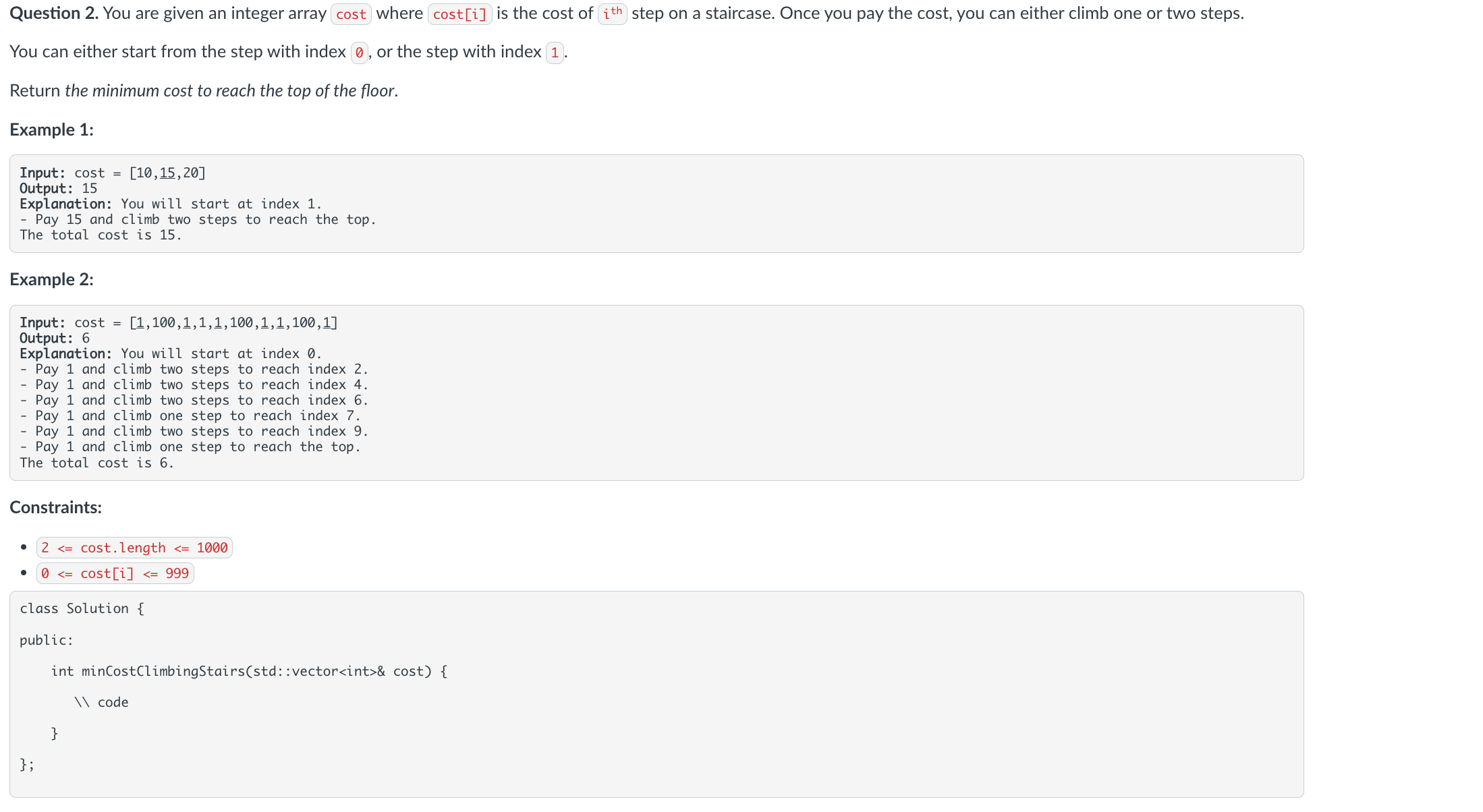 Solved Question 2. ﻿You are given an integer array cost | Chegg.com