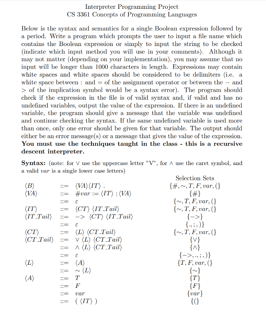 Interpreter Programming Project CS 3361 Concepts of | Chegg.com