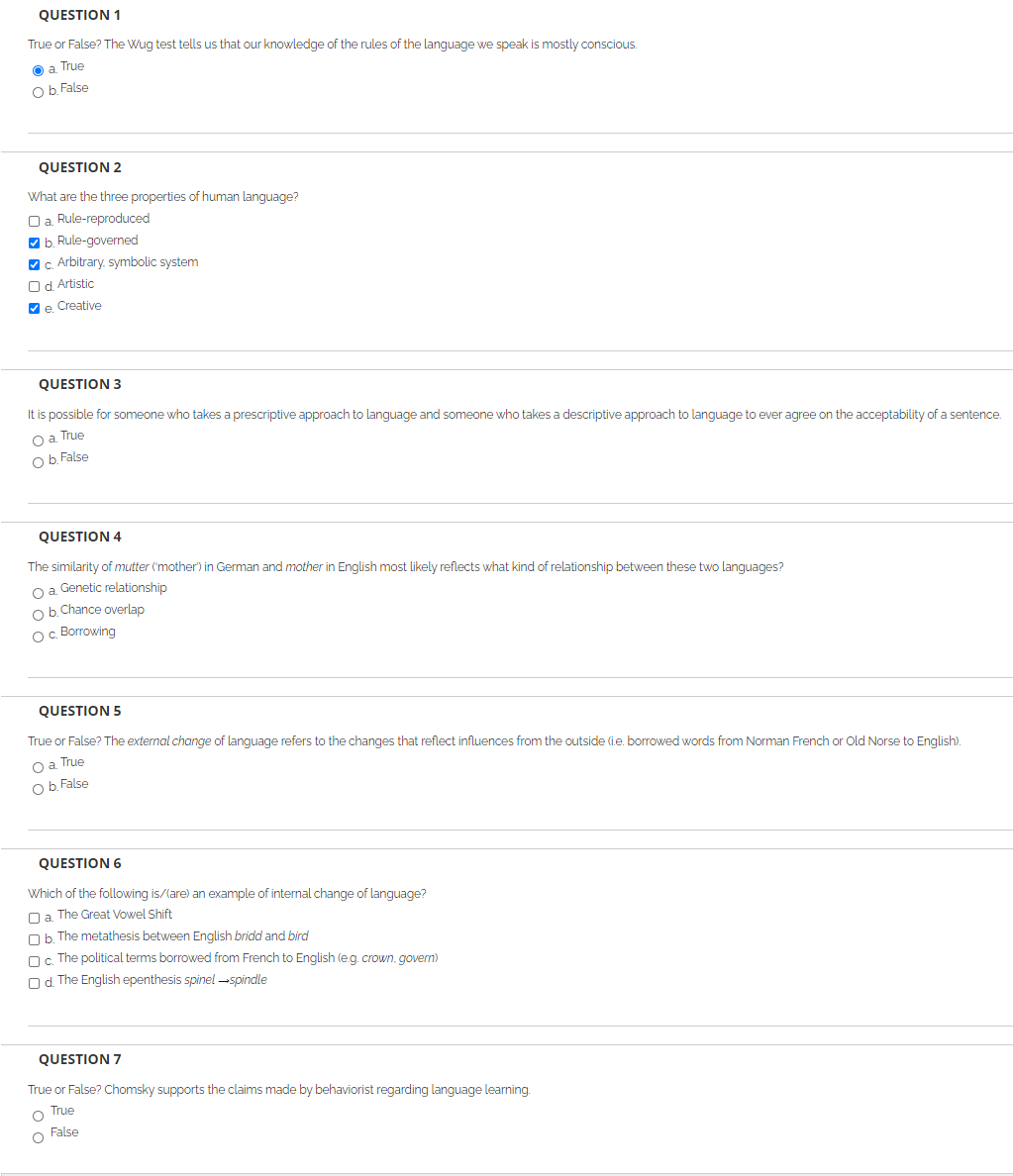 QUESTION 1 True or False? The Wug test tells us that | Chegg.com