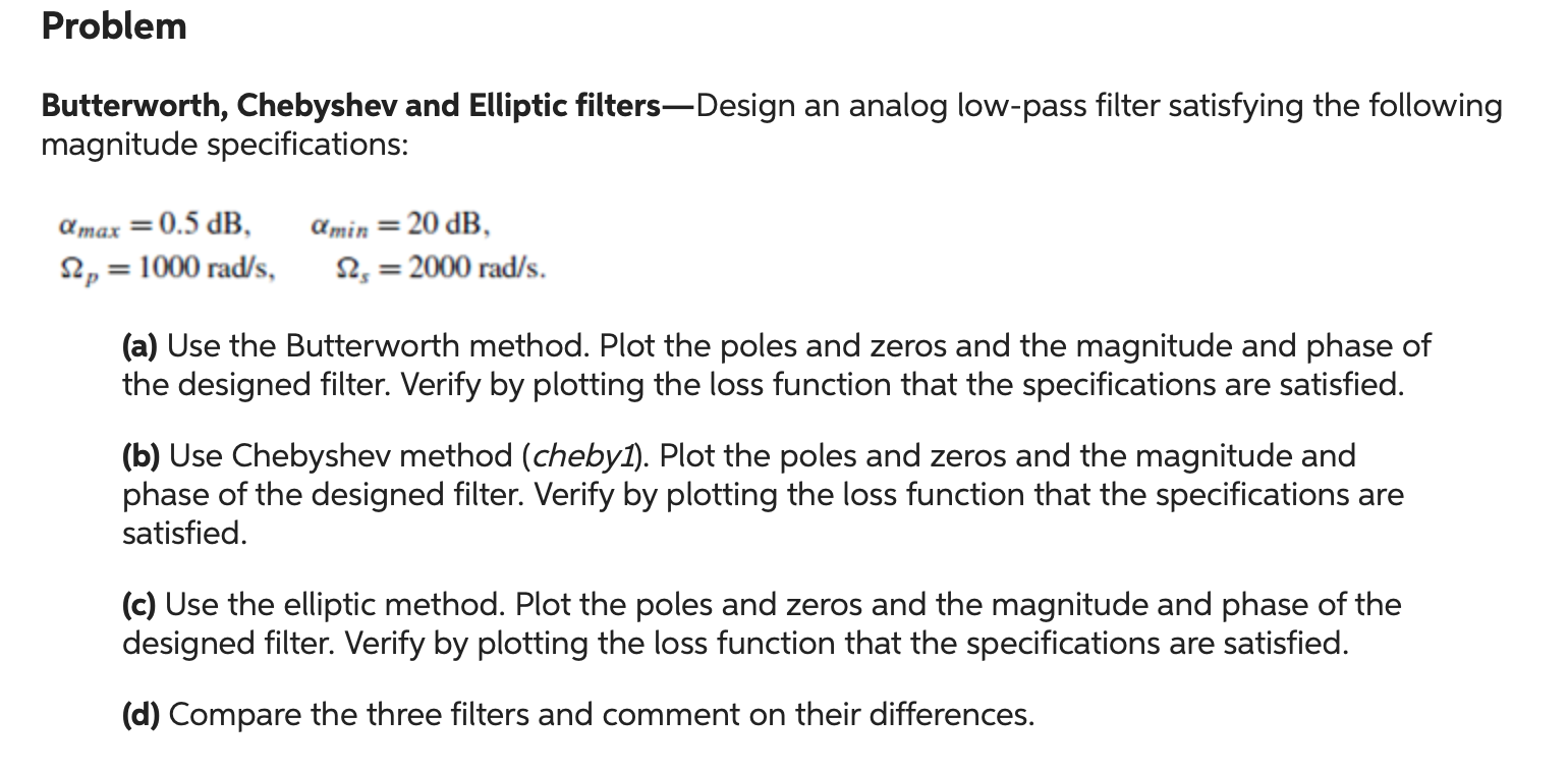 Solved Butterworth, Chebyshev and Elliptic filters-Design an | Chegg.com