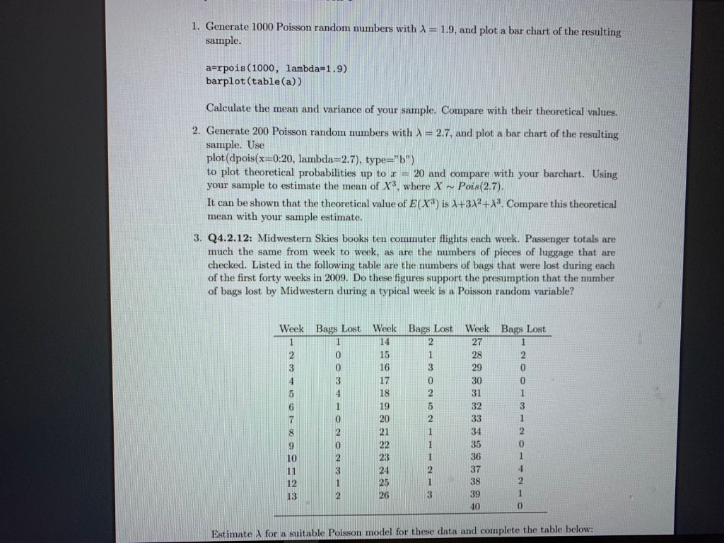 1. Generate 1000 Poisson random numbers with X = 1.9, | Chegg.com