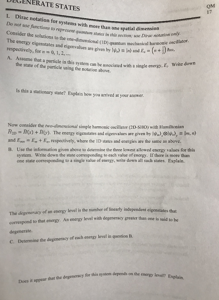 Solved DEGENERATE STATES Qм 17 1. Dirac notation for systems | Chegg.com