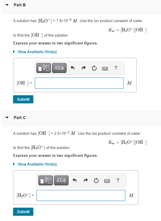 Solved Part BA solution has [H3O+]=7.8×10-5M. ﻿Use the ion | Chegg.com