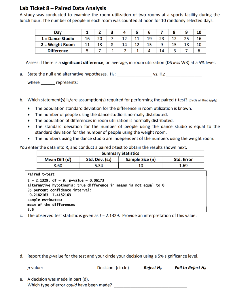 Solved Lab Ticket 8 - Paired Data Analysis A study was | Chegg.com