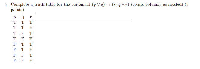 Solved 7. Complete a truth table for the statement (pVq) + | Chegg.com