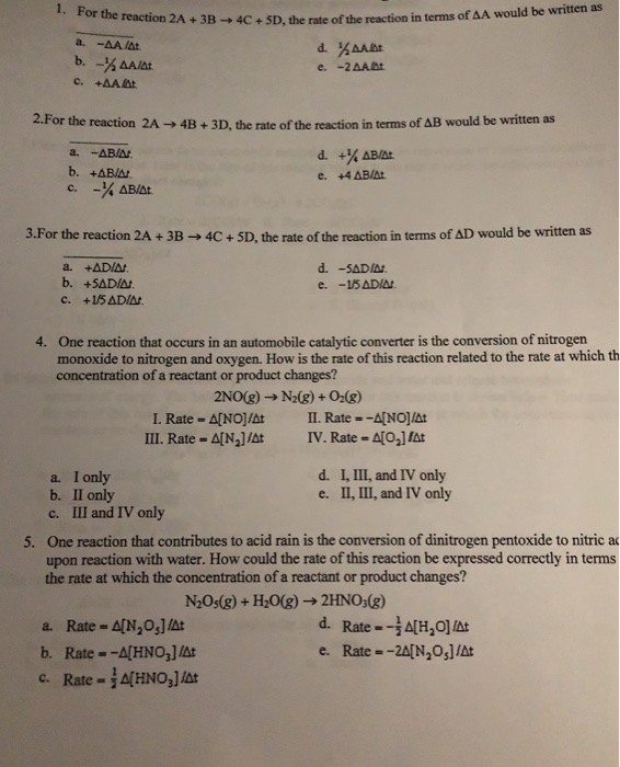 Solved I. For the reaction 2 A+3B → 4C+5D, the rate ofthe | Chegg.com