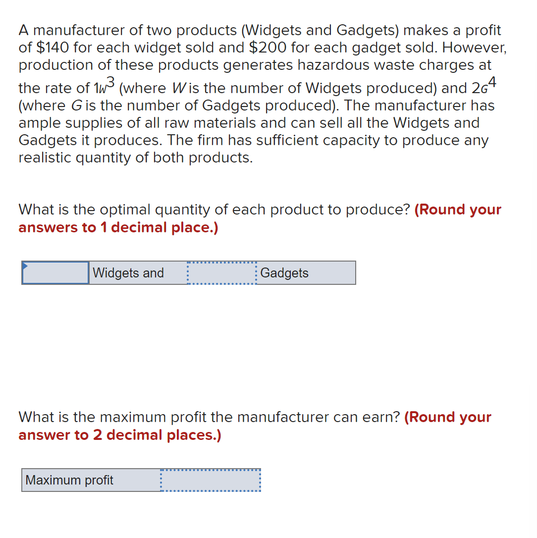 Solved A manufacturer of two products (Widgets and Gadgets) | Chegg.com