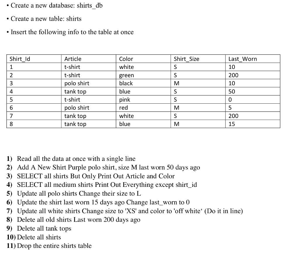 Solved - Create a new database: shirts_db - Create a new | Chegg.com