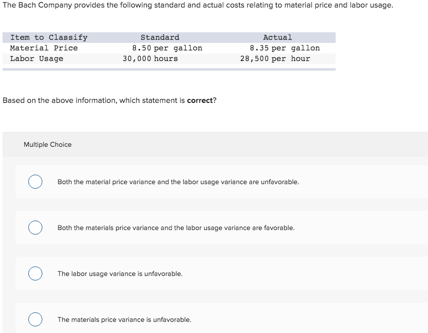 Solved The Bach Company provides the following standard and | Chegg.com