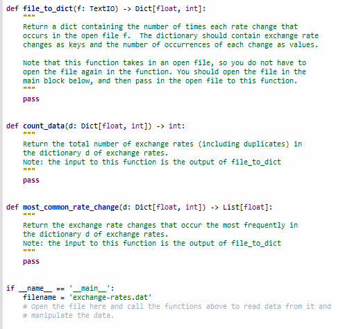def file_to_dict(f: Textio) -> Dict[float, int]: | Chegg.com