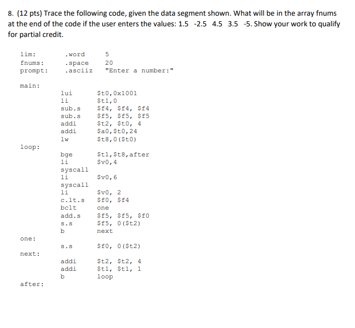 8. (12 pts) Trace the following code, given the data | Chegg.com