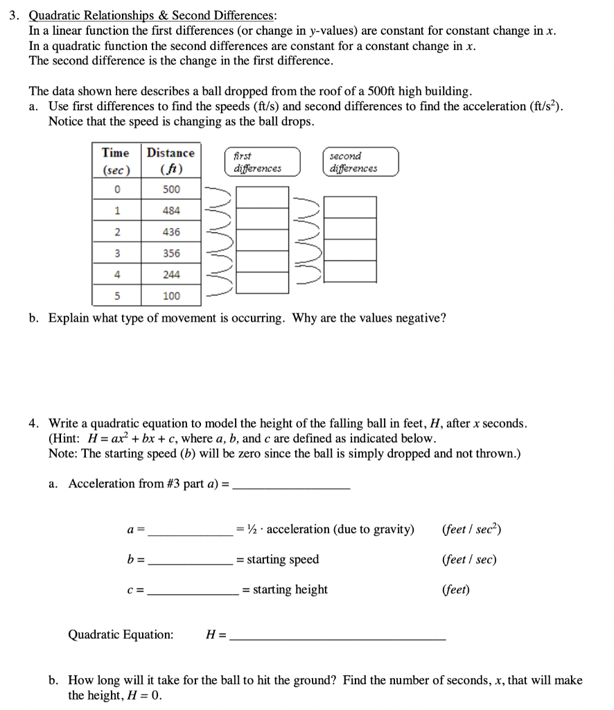 Solved 3 Quadratic Relationships And Second Differences In A 
