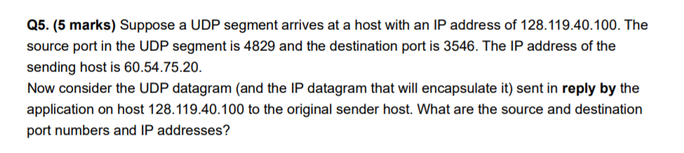 Solved Q5. (5 marks) Suppose a UDP segment arrives at a host | Chegg.com