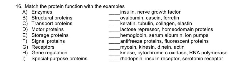 Solved 16. Match the protein function with the examples A) | Chegg.com