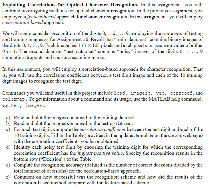 Solved Exploiting Correlations for Optical Character | Chegg.com