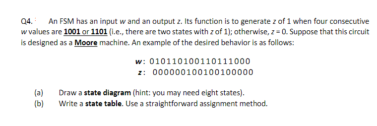 Solved Q4. An FSM has an input w and an output z. Its | Chegg.com