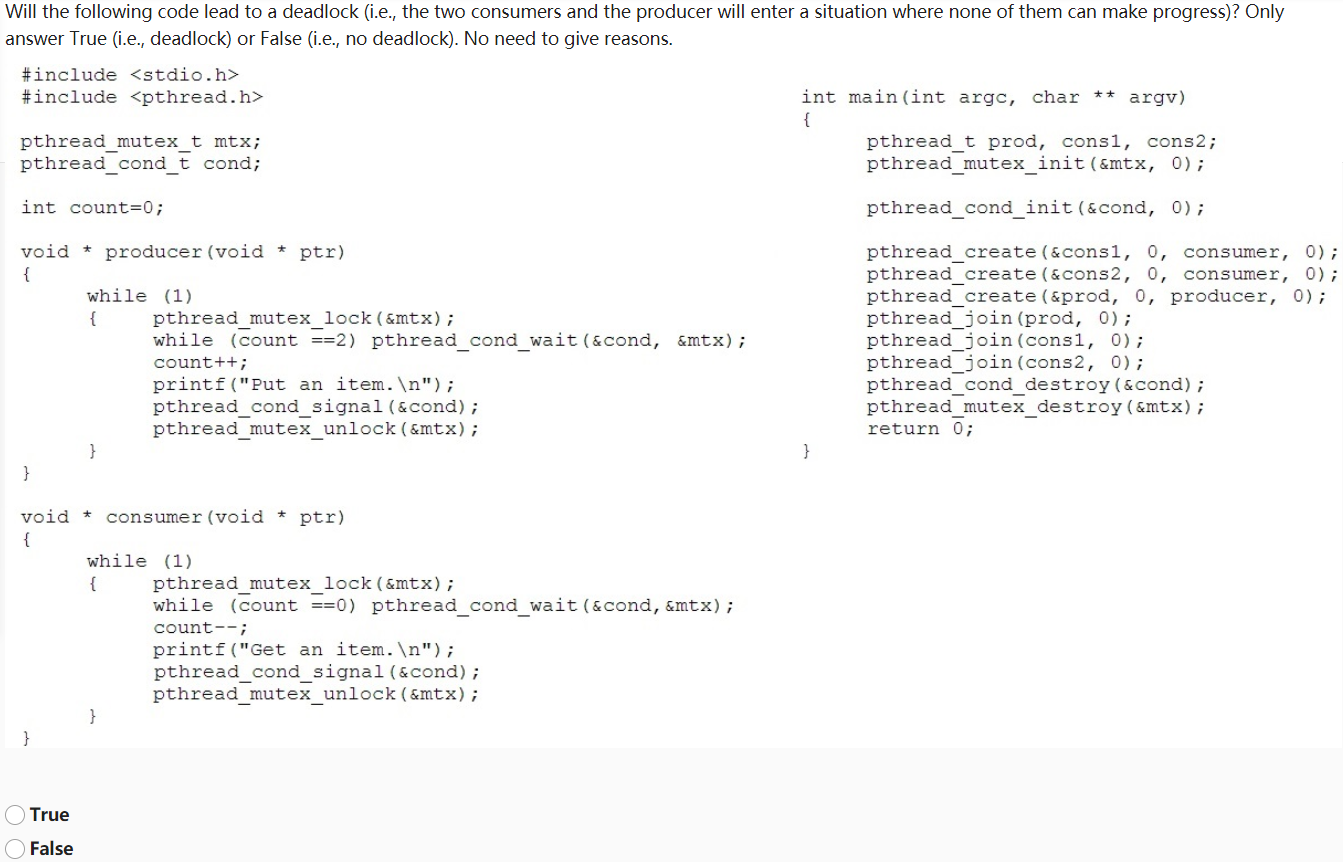Solved Will the following code lead to a deadlock (i.e., the | Chegg.com