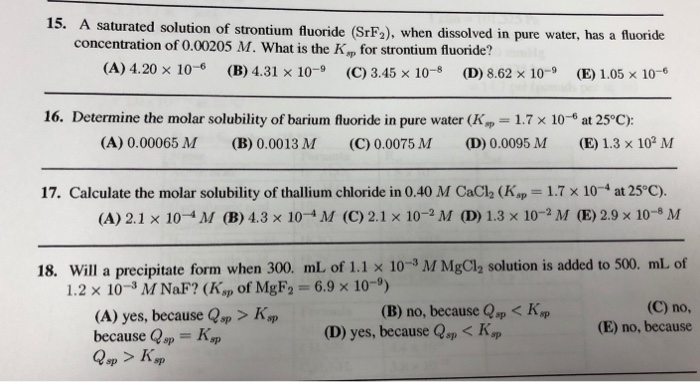 Solved 15. A saturated solution of strontium fluoride | Chegg.com