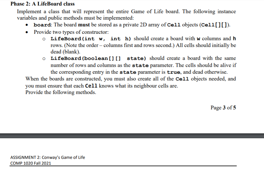 ASSIGNMENT 2: Conway's Game of Life COMP 1020 Fall | Chegg.com