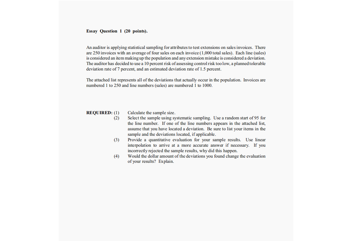 Essay Question 1 (20 points). An auditor is applying | Chegg.com