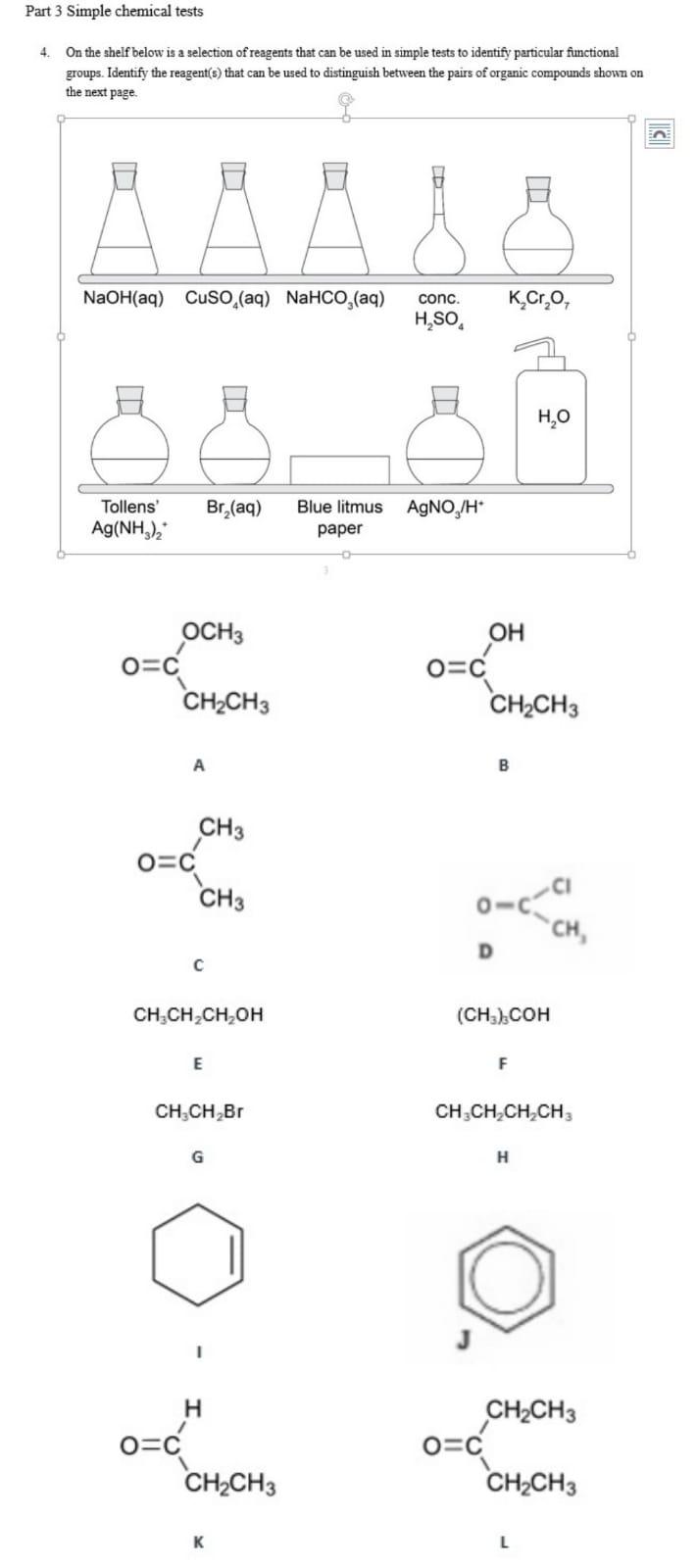 Solved Part 3 Simple chemical tests 4. On the shelf below is | Chegg.com