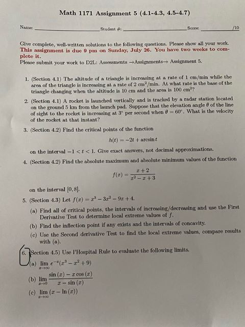 Solved Math 1171 Assignment 5 (4.1-4.3, 4.5-4.7) Nam Student | Chegg.com