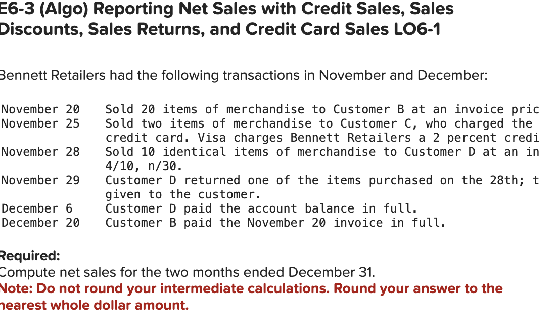 Solved E6-3 (Algo) Reporting Net Sales with Credit Sales, | Chegg.com