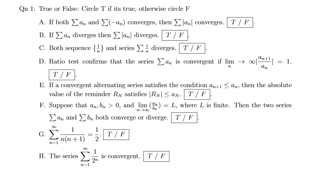 Solved n 1: True or False: Circle T if its true, otherwise | Chegg.com