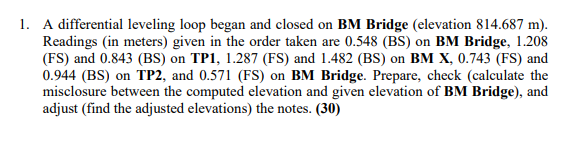Solved 1. A differential leveling loop began and closed on | Chegg.com