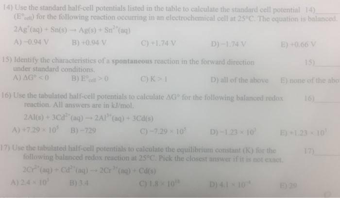 Solved 14) Use the standard half-cell potentials listed in | Chegg.com
