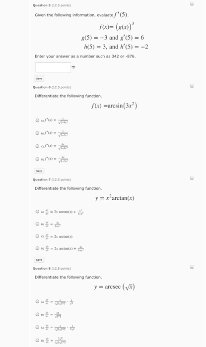 Solved Question 1 (12.5 points) Differentiate the following | Chegg.com
