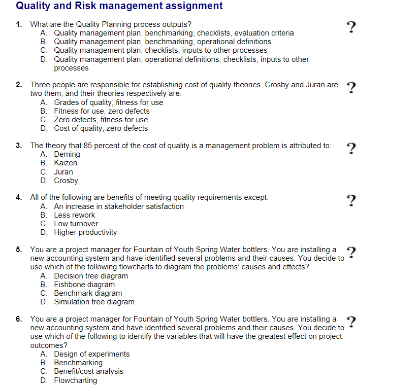 Solved Quality and Risk management assignment 1. What are | Chegg.com