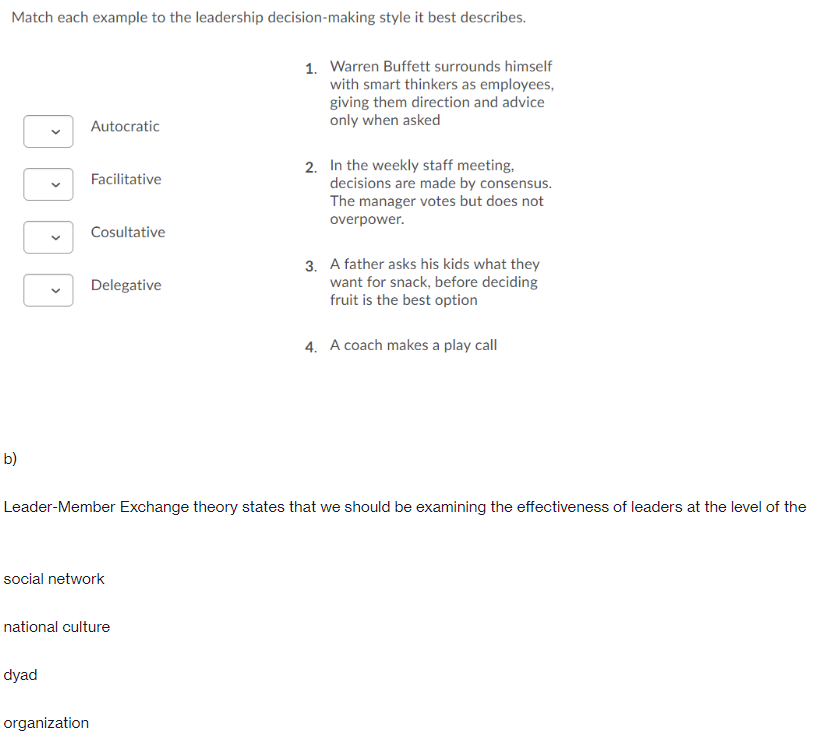 Solved Match each example to the leadership decision-making | Chegg.com