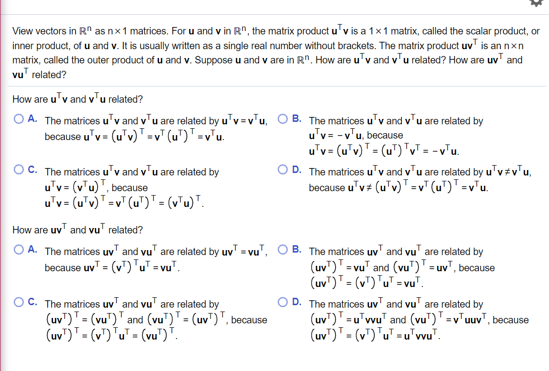 Solved View vectors in R™ as nx 1 matrices. For u and v in | Chegg.com