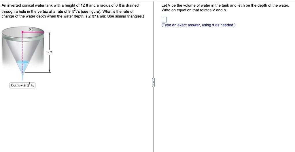 Solved An inverted conical water tank with a height of 12ft | Chegg.com