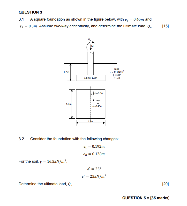 Solved QUESTION 3 3.1 A square foundation as shown in the | Chegg.com
