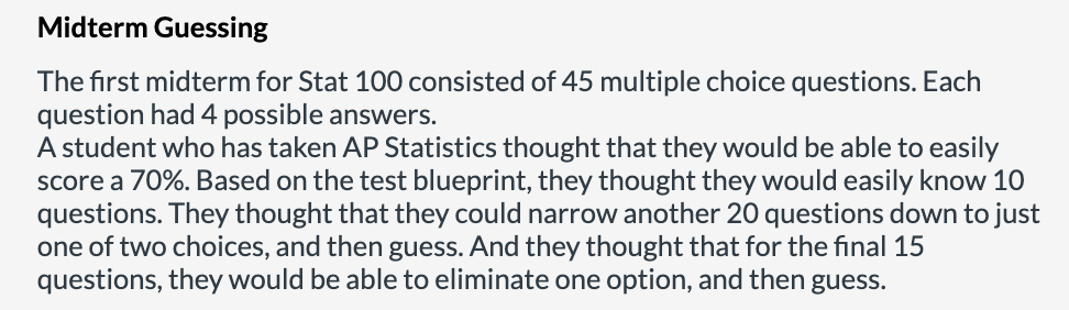 Solved Midterm Guessing The first midterm for Stat 100 | Chegg.com