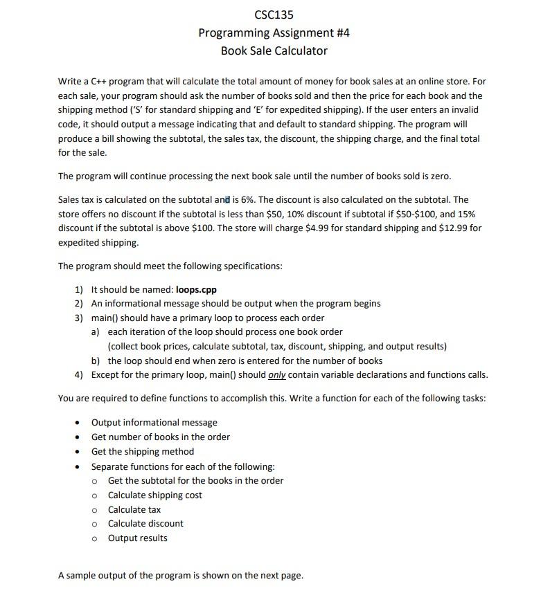 Solved CSC135 Programming Assignment #4 Book Sale Calculator | Chegg.com