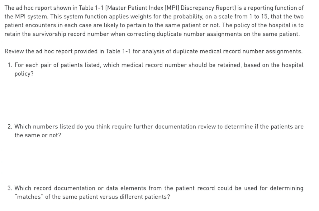 Solved TABLE 1-1 MPI Discrepancy Report Case Patient Name | Chegg.com