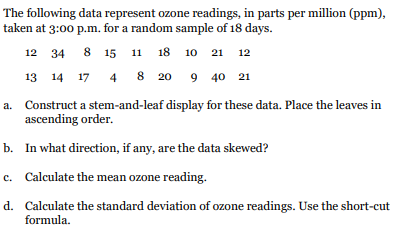 Solved The following data represent ozone readings, in parts | Chegg.com
