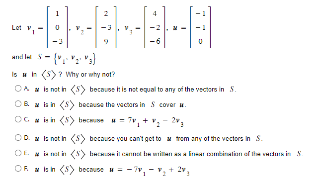 Solved et v1=⎣⎡10−3⎦⎤,v2=⎣⎡2−39⎦⎤,v3=⎣⎡4−2−6⎦⎤,u=⎣⎡−1−10⎦⎤ | Chegg.com