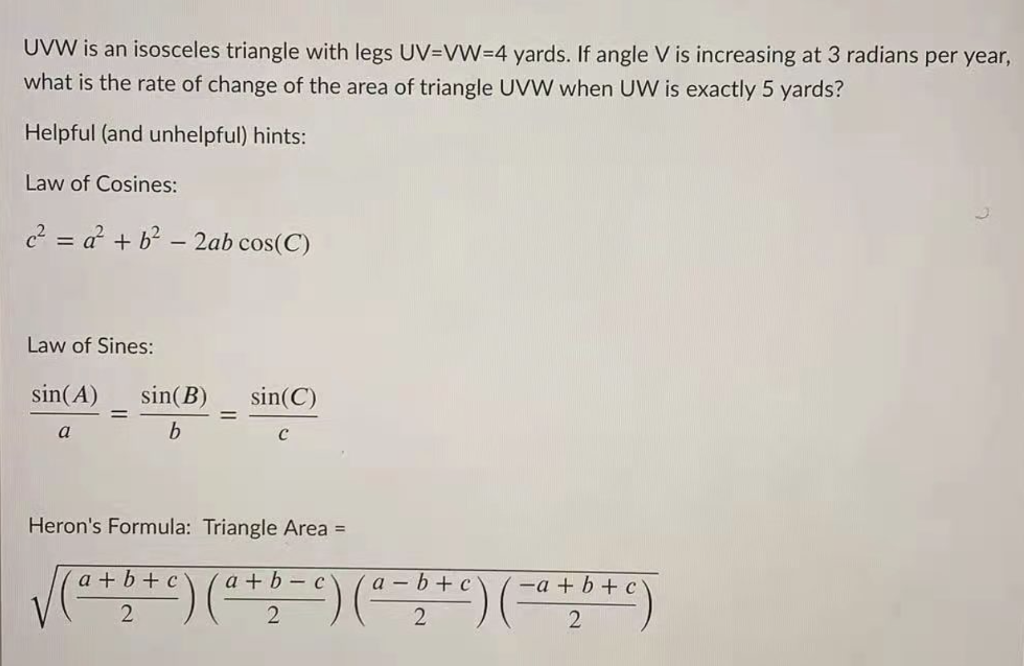 Solved UVW is an isosceles triangle with legs UV=VW=4 yards. | Chegg.com Solved UVW is an isosceles triangle with legs UV=VW=4 yards. | Chegg.com