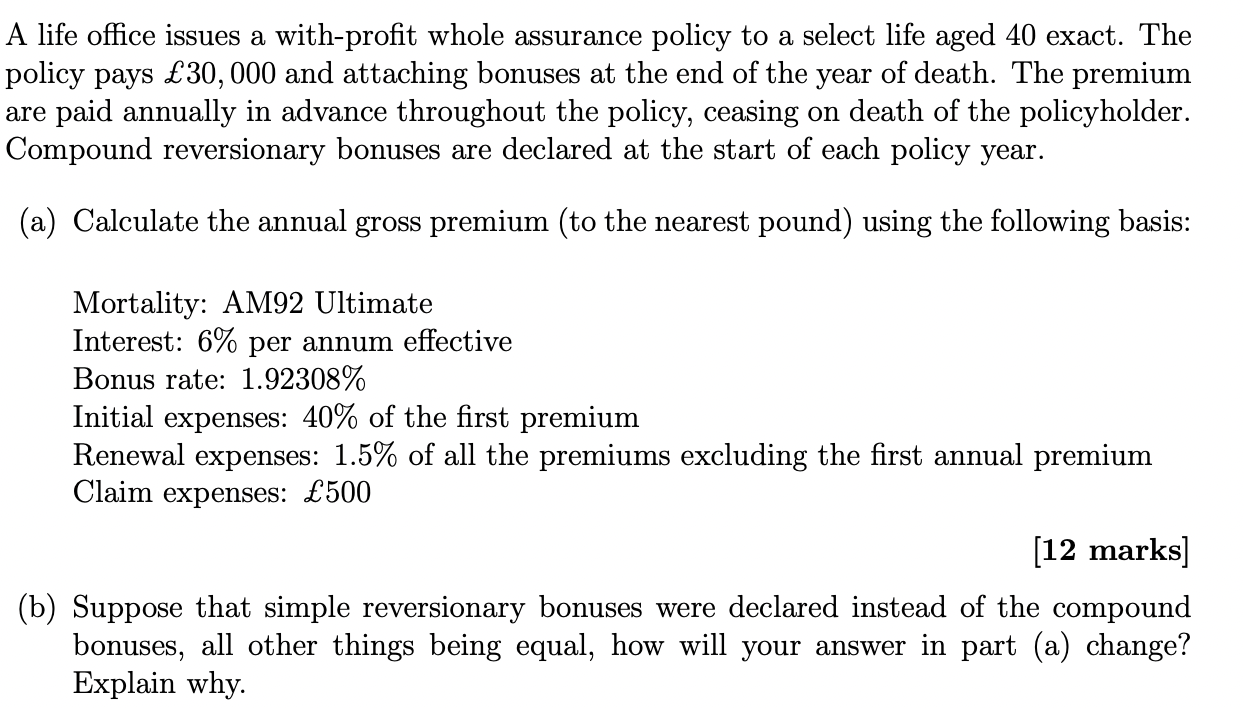 Solved life office issues a with-profit whole assurance | Chegg.com