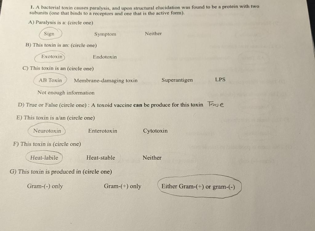 Solved 1. A bacterial toxin causes paralysis, and upon | Chegg.com